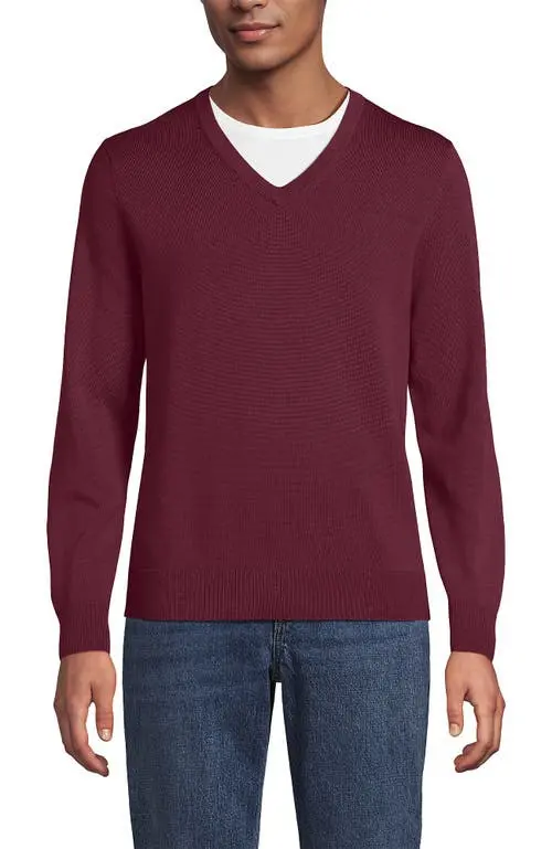 LANDS' END Fine Gauge Cotton V-neck Sweater - Burgundy Spritz