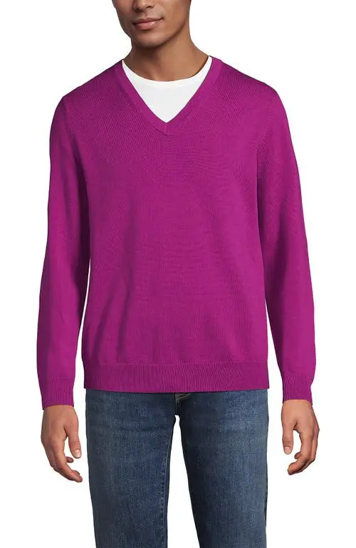 LANDS' END Fine Gauge Cotton V Neck Sweater - Light Raspberry Sorbet