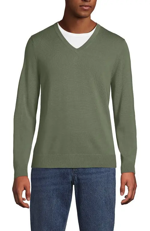 LANDS' END Fine Gauge Cotton V-neck Sweater - Sage