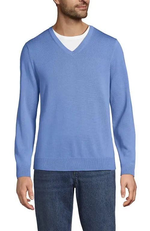 LANDS' END Fine Gauge Cotton V-neck Sweater - Soft French Blue
