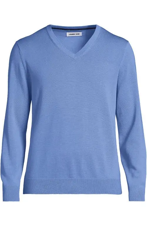 LANDS' END Fine Gauge Cotton V-neck Sweater - Soft French Blue