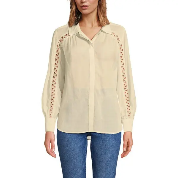 LANDS' END Voile Shirred Trim Insert Shirt - Dried Bamboo