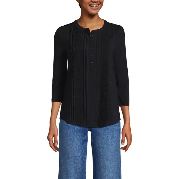 LANDS' END 3/4 Sleeve Jersey Embellished Top - Black