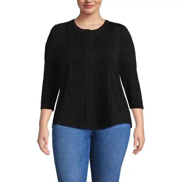 LANDS' END 3/4 Sleeve Jersey Embellished Top - Black
