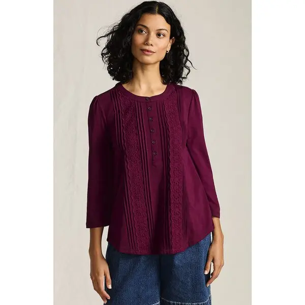 LANDS' END 3/4 Sleeve Jersey Embellished Top - Vivid Plum