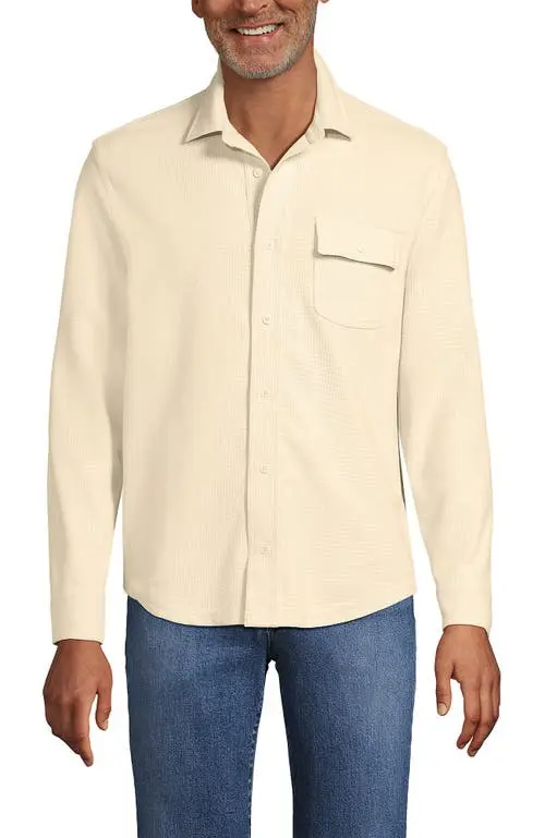 LANDS' END Long Sleeve Knit Workwear Waffle Shirt - Ivory Latte
