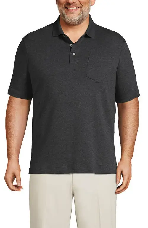 LANDS' END Short Sleeve Cotton Supima Polo Shirt With Pocket - Dark Charcoal Heather