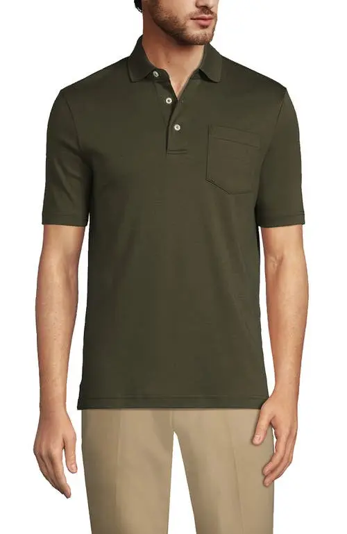 LANDS' END Short Sleeve Cotton Supima Polo Shirt With Pocket - Forest Moss