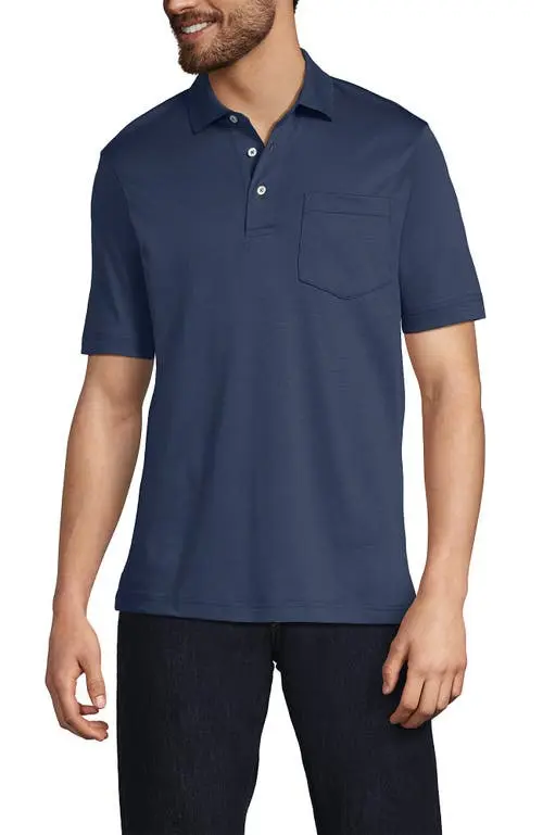 LANDS' END Short Sleeve Cotton Supima Polo Shirt With Pocket - Nightfall Blue