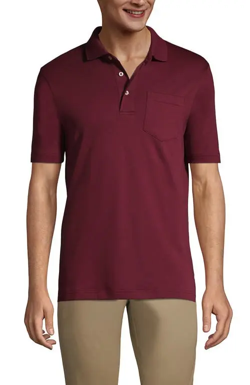 LANDS' END Short Sleeve Cotton Supima Polo Shirt With Pocket - Rich Burgundy