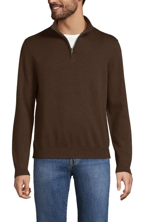 LANDS' END Long Sleeve Fine Gauge Cotton Quarter Zip Sweater - Dark Walnut Brown