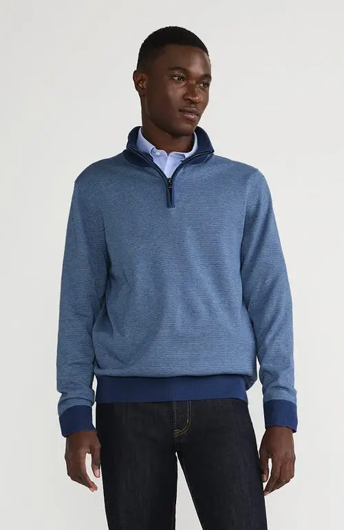 LANDS' END Long Sleeve Fine Gauge Cotton Quarter Zip Sweater - Light Indigo Blue Stripe