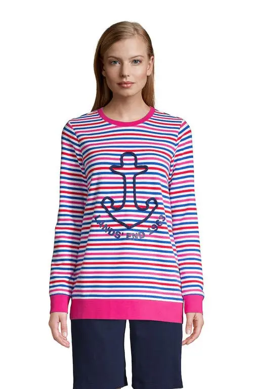 LANDS' END Tall Serious Sweats Crewneck Long Sleeve Sweatshirt Tunic - Vibrant Magenta Stripe Anchor