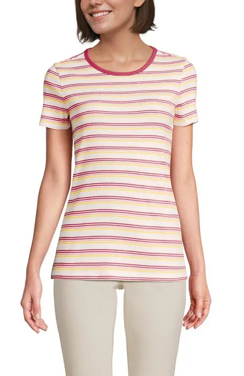 LANDS' END Cotton Rib T-shirt - Ivory/coral Multi Stripe