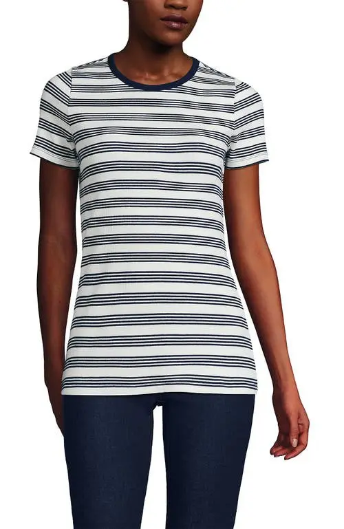 LANDS' END Cotton Rib T-shirt - Ivory/deep Sea Quad Stripe