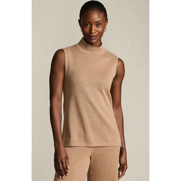 LANDS' END Fine Gauge Sleeveless Mock Sweater - Vicuna Heather