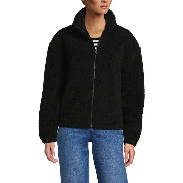 LANDS' END Shearling Zip Front Fleece Jacket - Black