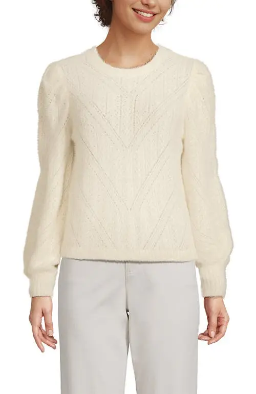 LANDS' END Eyelash Fuzzy Pointelle Puff Sleeve Sweater - Fresh Ivory