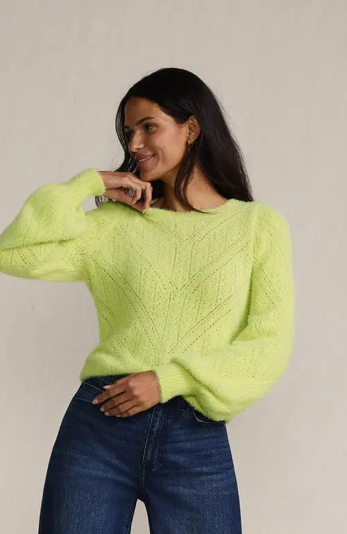 LANDS' END Eyelash Fuzzy Pointelle Puff Sleeve Sweater - Iced Lime Green