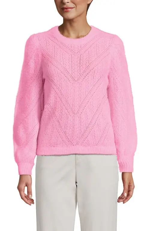 LANDS' END Eyelash Fuzzy Pointelle Puff Sleeve Sweater - Seaside Pink