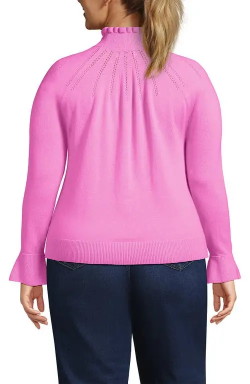 LANDS' END Cotton Pointelle Turtleneck Sweater - Aster Pink