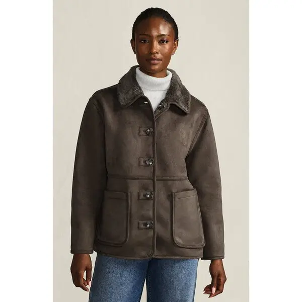 LANDS' END Reversible Shearling Fleece Button Front Coat - Brown