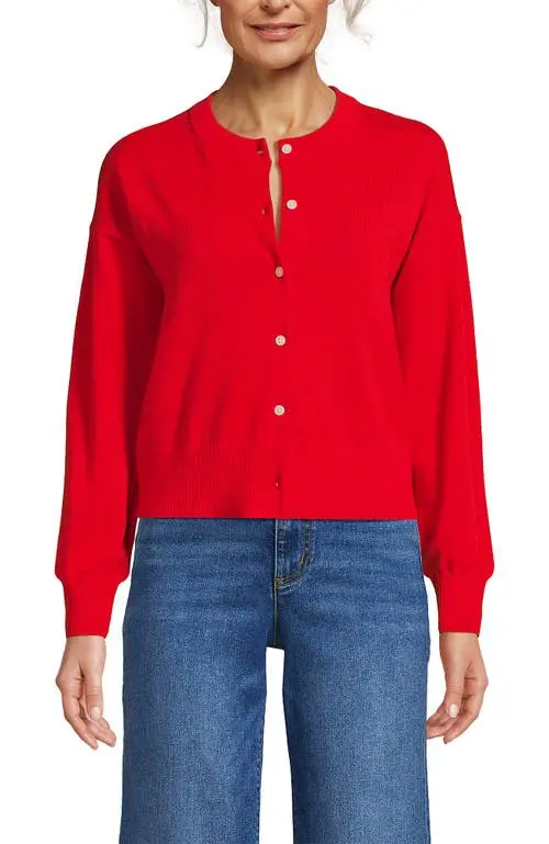 LANDS' END Cropped Fine Gauge Crew Neck Cardigan Sweater - Coral Red