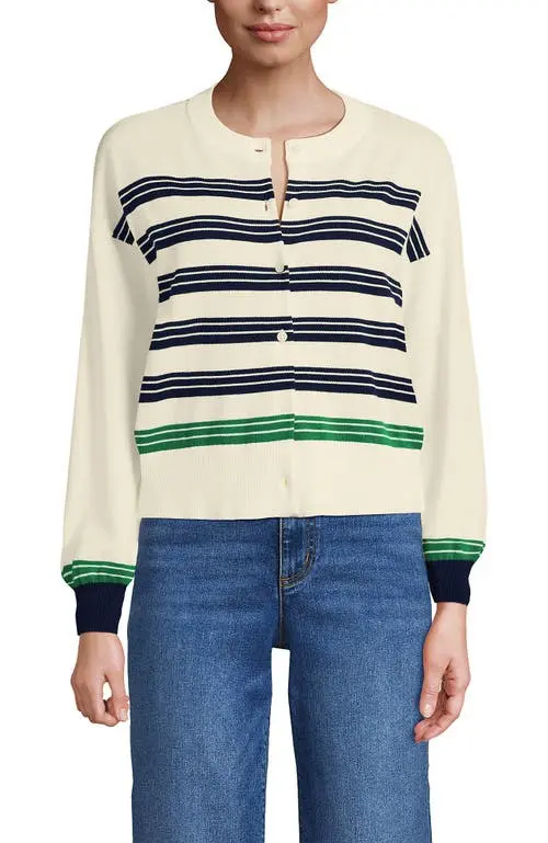 LANDS' END Cropped Fine Gauge Crew Neck Cardigan Sweater - Fresh Ivory/navy Founders