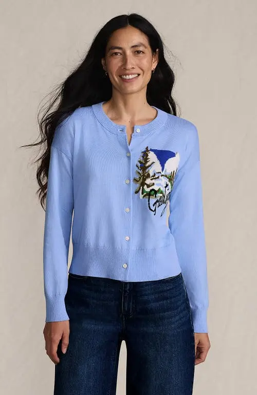 LANDS' END Cropped Fine Gauge Crew Neck Cardigan Sweater - Greetings/blue