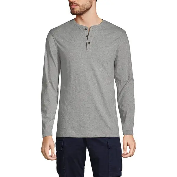 LANDS' END Long Sleeve Cotton Supima Henley - Light Gray Heather