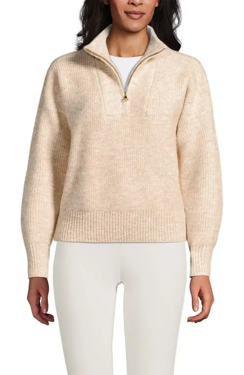 LANDS' END Fuzzy Wedged Quarter Zip Sweater - Light Champagne Heather