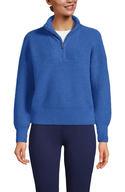 LANDS' END Fuzzy Wedged Quarter Zip Sweater - Muted Cobalt Blue