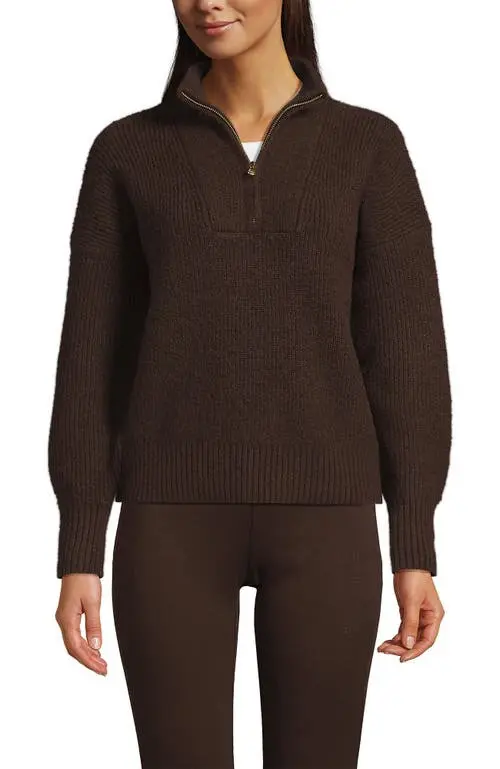 LANDS' END Fuzzy Wedged Quarter Zip Sweater - Rich Coffee