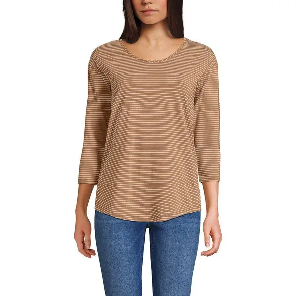 LANDS' END 3/4 Sleeve Lightweight Jersey U-neck Tunic - Canyon Camel Thin Stripe
