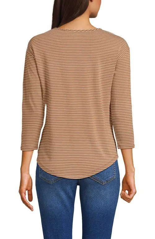 LANDS' END 3/4 Sleeve Lightweight Jersey U-neck Tunic - Canyon Camel Thin Stripe