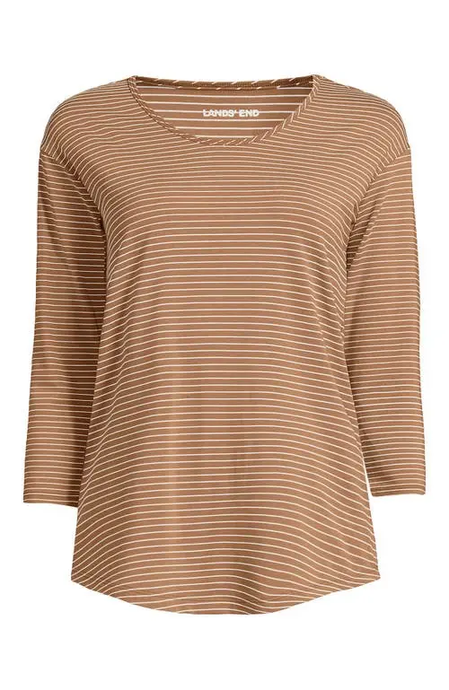 LANDS' END 3/4 Sleeve Lightweight Jersey U-neck Tunic - Canyon Camel Thin Stripe