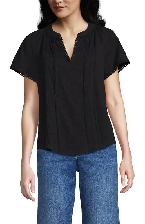 LANDS' END Slub Short Sleeve Notch Neck Top - Black