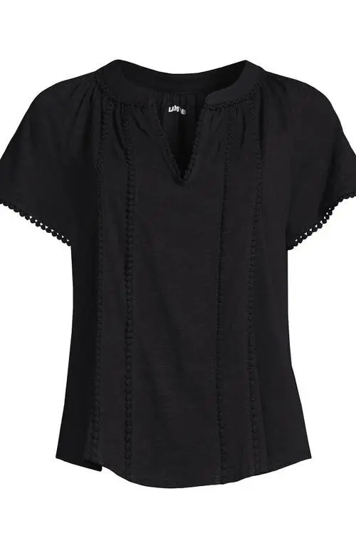 LANDS' END Slub Short Sleeve Notch Neck Top - Black