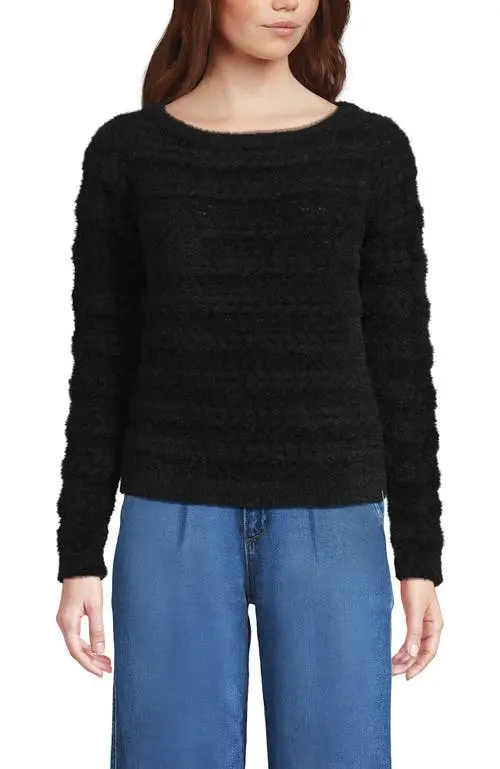 LANDS' END Fuzzy Eyelash Cable Boatneck Sweater - Black