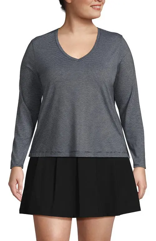 LANDS' END Power Performance Long Sleeve Top - Black Pinstripe