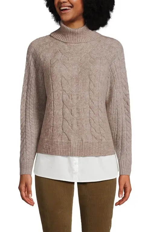 LANDS' END Cable Turtleneck With Mock Shirt Detail Sweater - Oatmeal Marl
