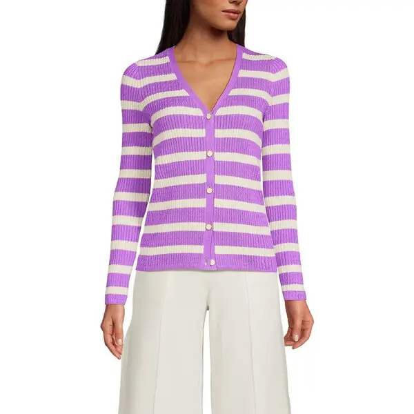 LANDS' END Drifter Baby Cable Vneck Cardigan Sweater - Fresh Ivory/orchid Stripe