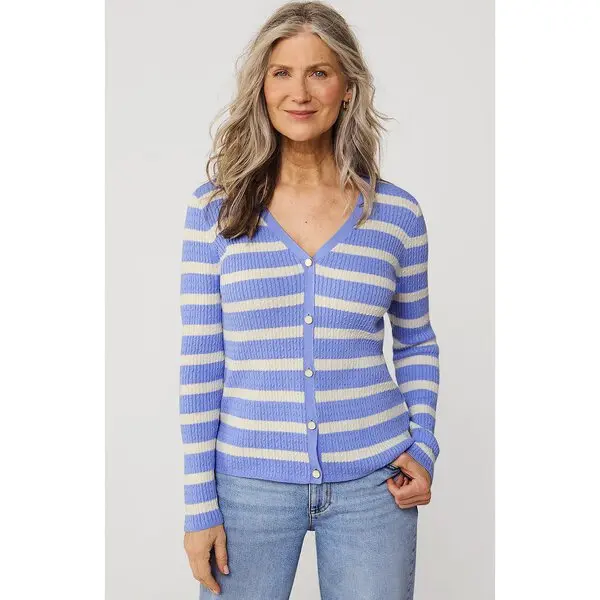 LANDS' END Drifter Baby Cable Vneck Cardigan Sweater - Fresh Ivory/periwinkle Stripe
