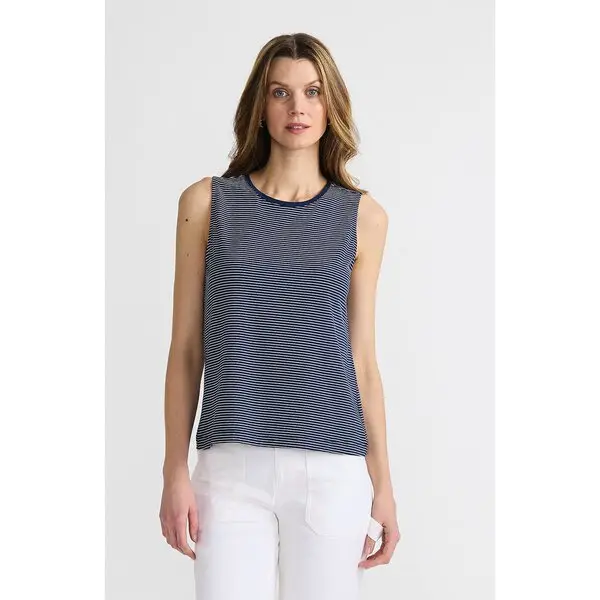 LANDS' END Crew Neck Jersey Shell Tank - Deep Sea Navy Tiny Stripe