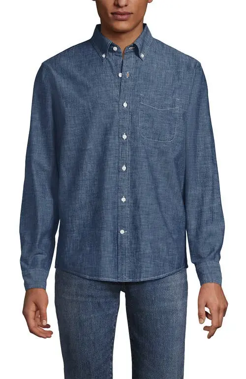 LANDS' END Long Sleeve Chambray Shirt - Dark Wash