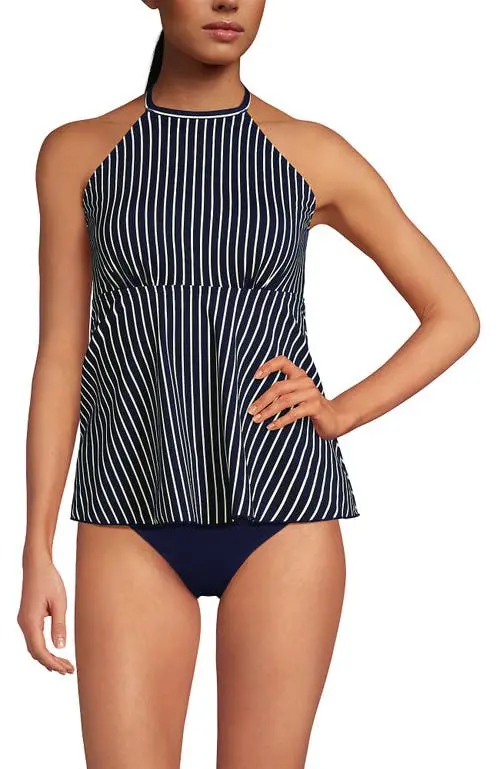 LANDS' END Halter Neck Tankini Top - Navy/egret White Stripe