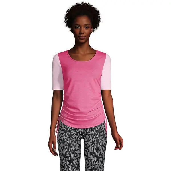 LANDS' END Power Performance Elbow Sleeve Drawstring Top - Hot Pink Stripe Mix