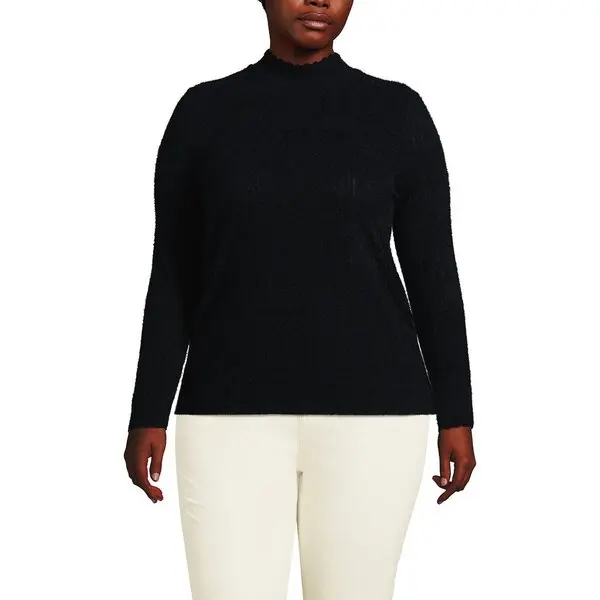LANDS' END Long Sleeve Brushed Lace Mock Neck Top - Black