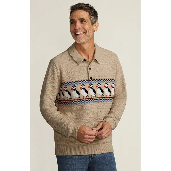 LANDS' END Long Sleeve Cozy Cotton Blend Polo - Puffins/soft Driftwood Heather