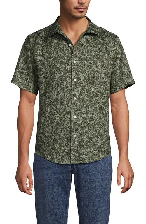 LANDS' END Traditional Fit Short Sleeve Linen Shirt - Forest Moss Palms